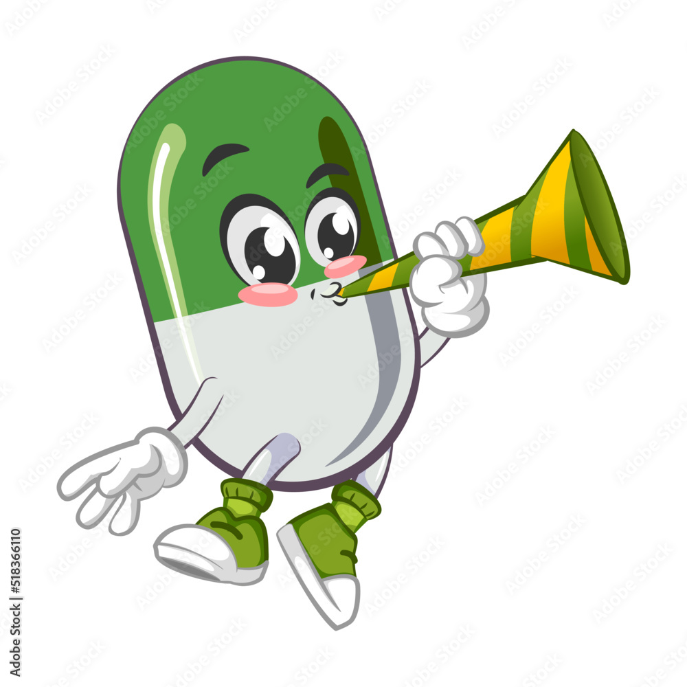 vector illustration of cute capsule mascot blowing party trumpet Stock ...