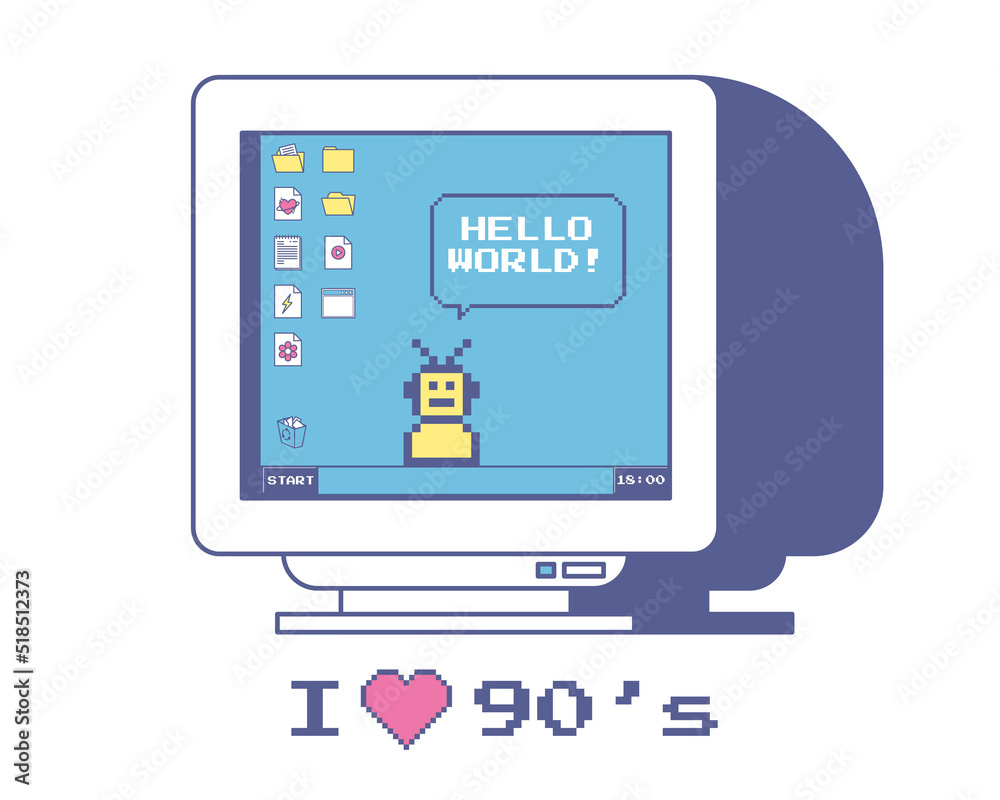 Cute vintage old computer monitor. Desktop with retro icons, folders ...