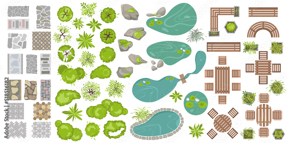 Set Architectural and Landscape elements top view. Collection of houses ...