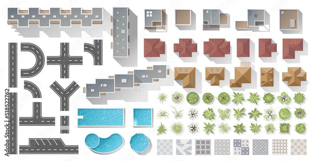 Set of elements top view for map of City. Buildings and objects for ...