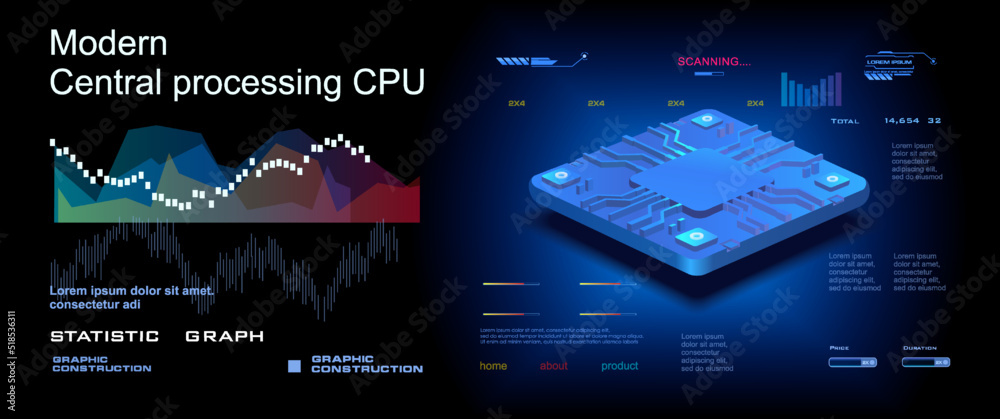 Realistic computer CPU chip. Powerful central processor in axonometric projection. New ...