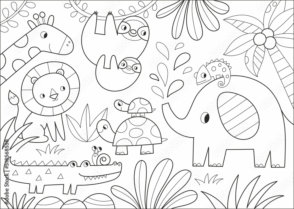Vector de Stock Cute cartoon hand drawn safari animals. Coloring page ...