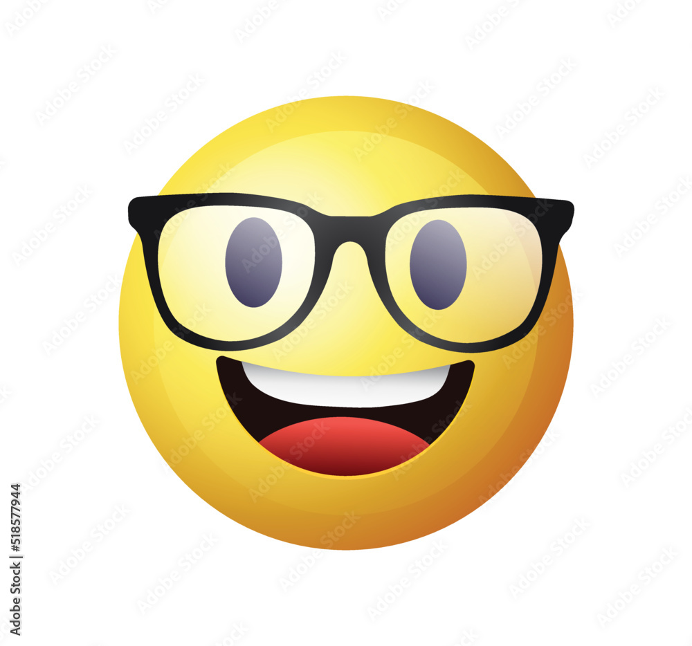High quality emoticon on white background. Yellow face with spectacles ...