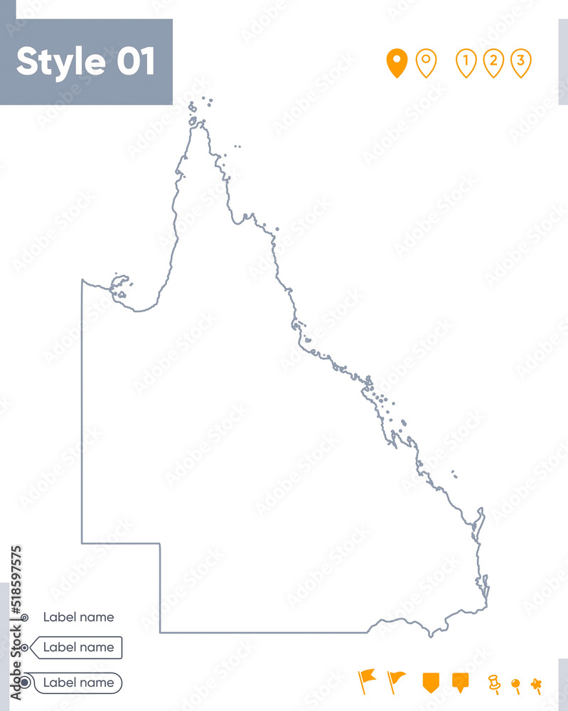 Queensland, Australia - stroke map isolated on white background ...