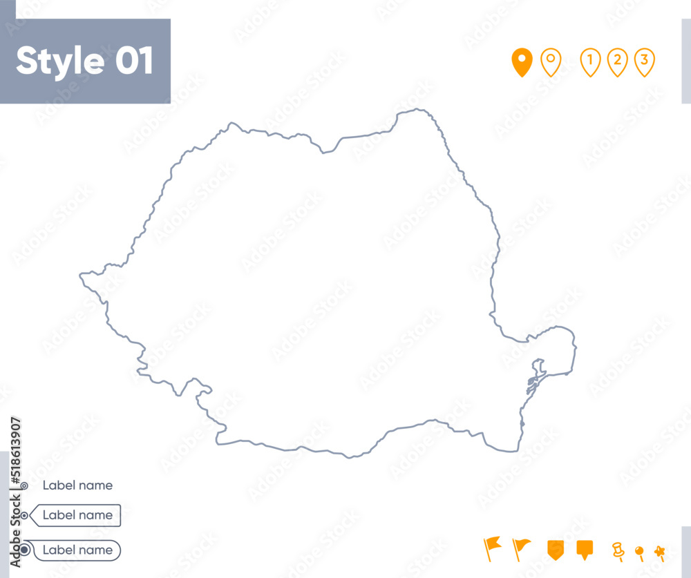 Romania - stroke map isolated on white background. Outline map. Vector ...