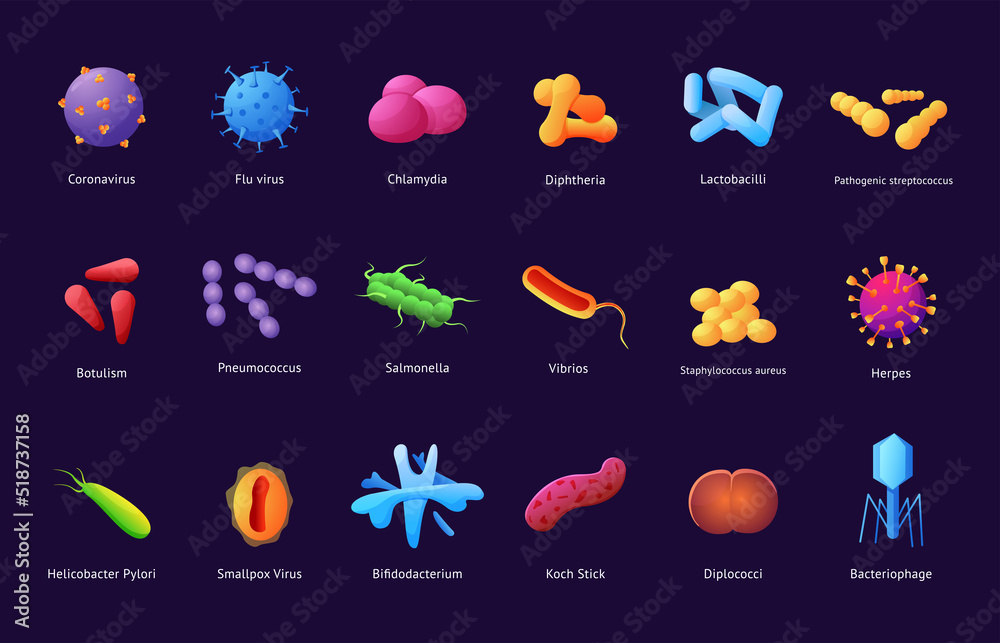 Types of bacteria. Disease pathogen. Virus germs. Zika or streptococcus ...