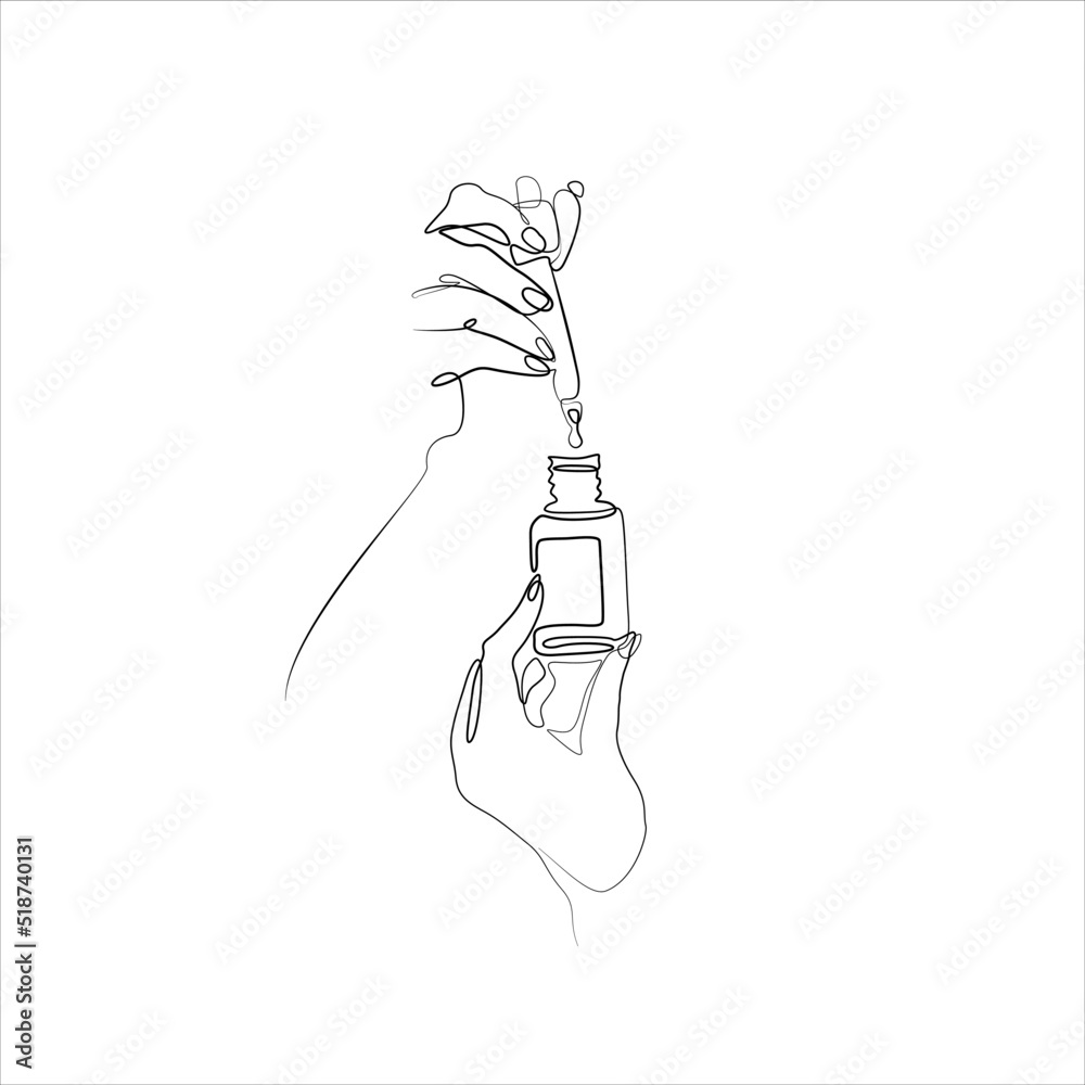 Hand holds pipette with oil or facial serum. Facial care product. Line ...