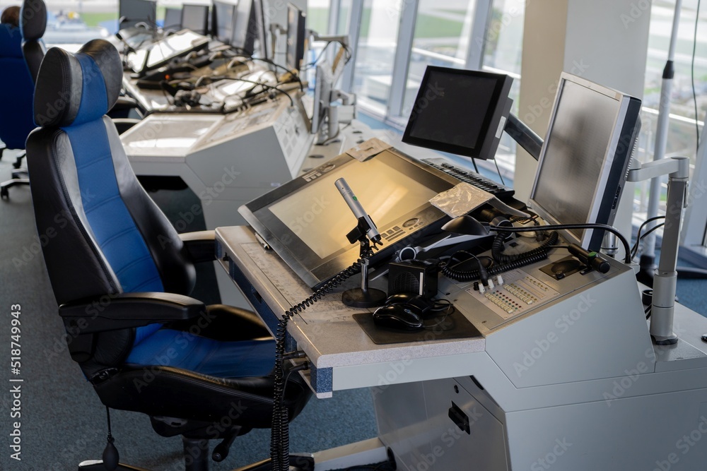 The workplace of the flight dispatcher in the airport. Flight control ...