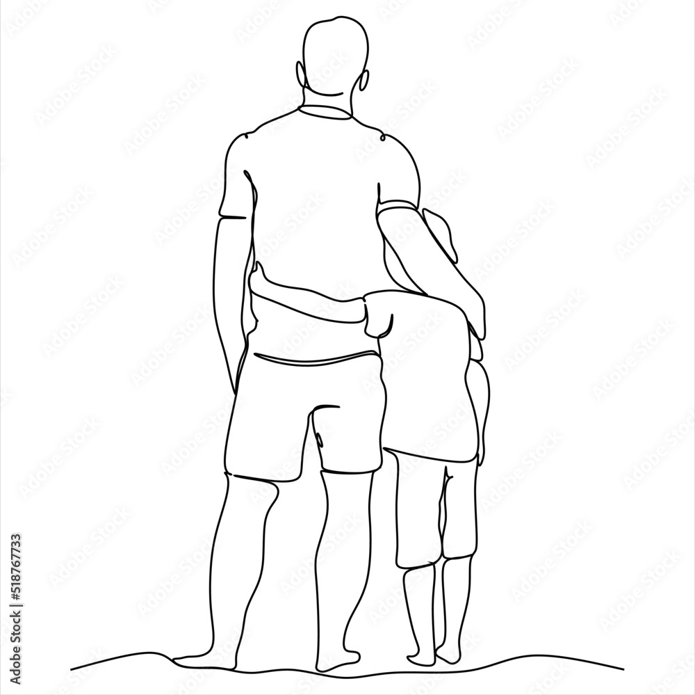 Dad and son in continuous line drawing style. Dad and son walk together ...