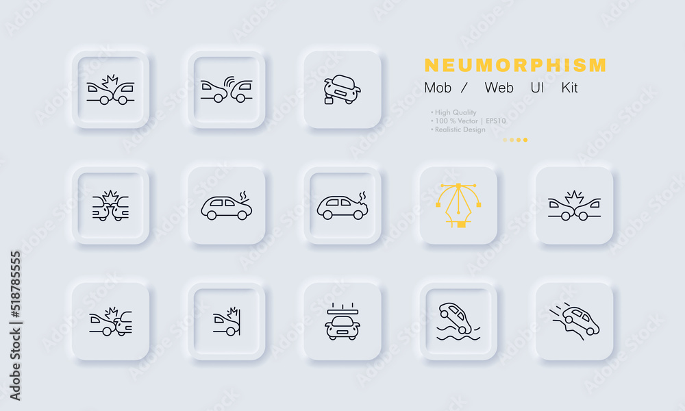 Vetor Road accidents set icon. Car collision, crash, explosion ...