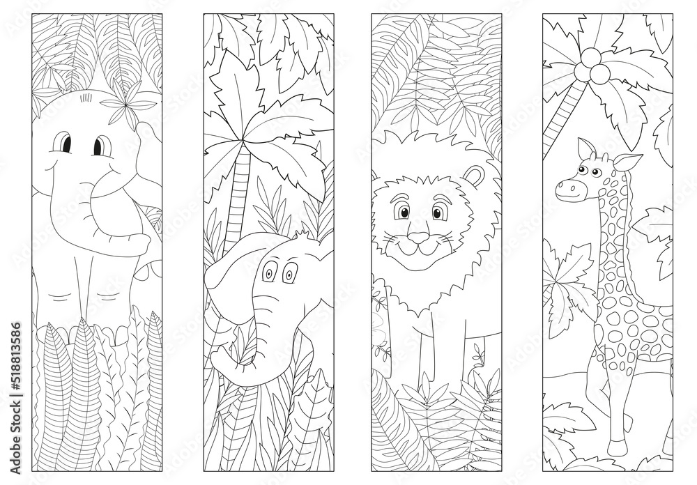 Coloring bookmarks for kids with jungle animals. Cute lion, funny ...