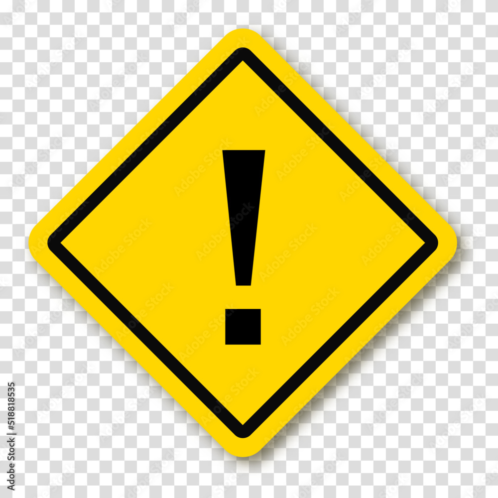 Exclamation point in yellow square or rhombus with shadow. Symbol of ...