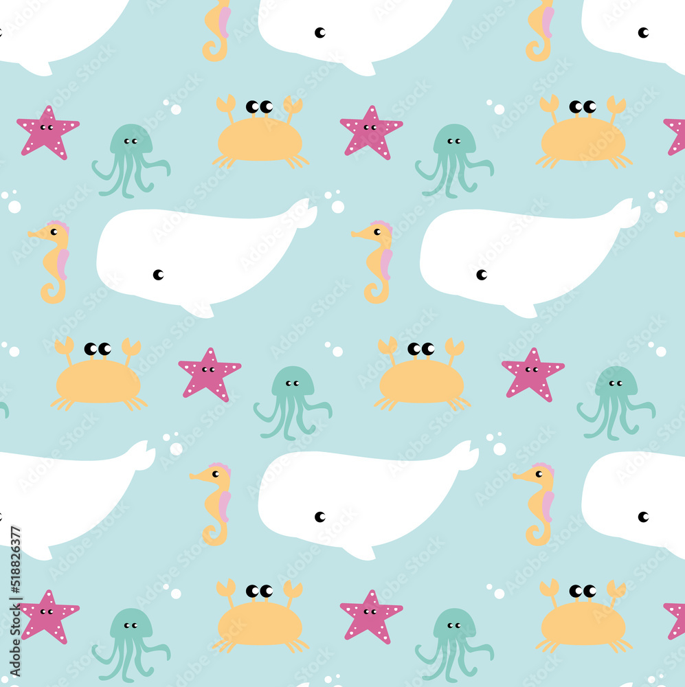 Sea life marine fish and animals flat cartoon illustration template ...