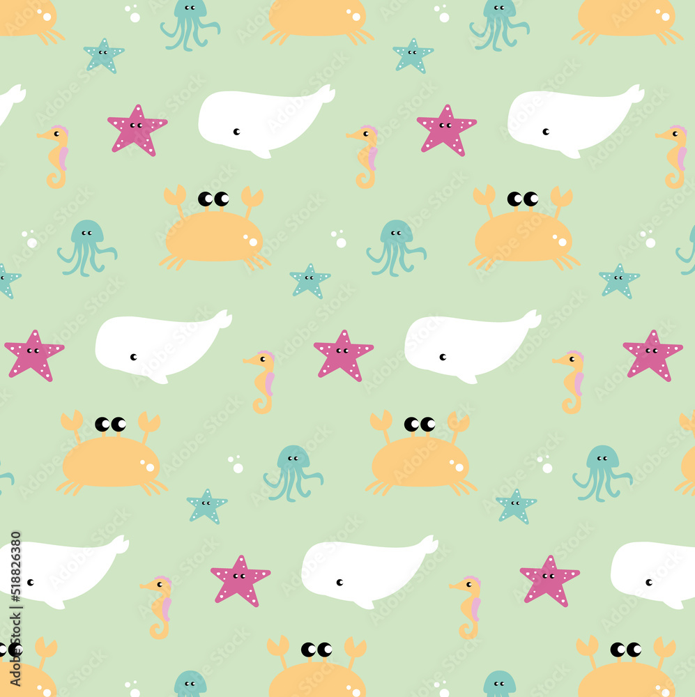 Sea life marine fish and animals flat cartoon illustration template ...