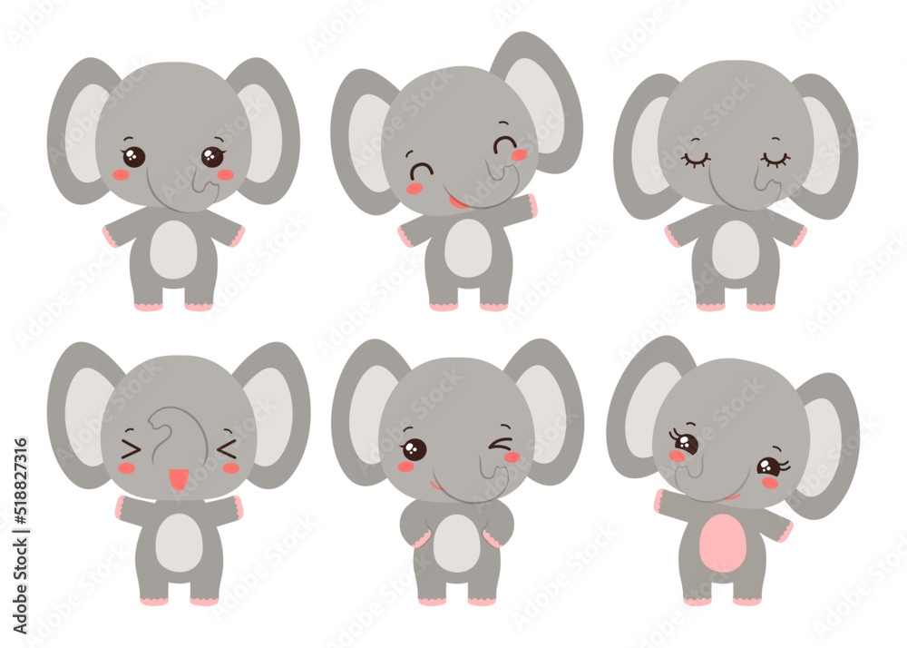 Kawaii elephant showing cheerful facial expressions. Emoticon animal ...
