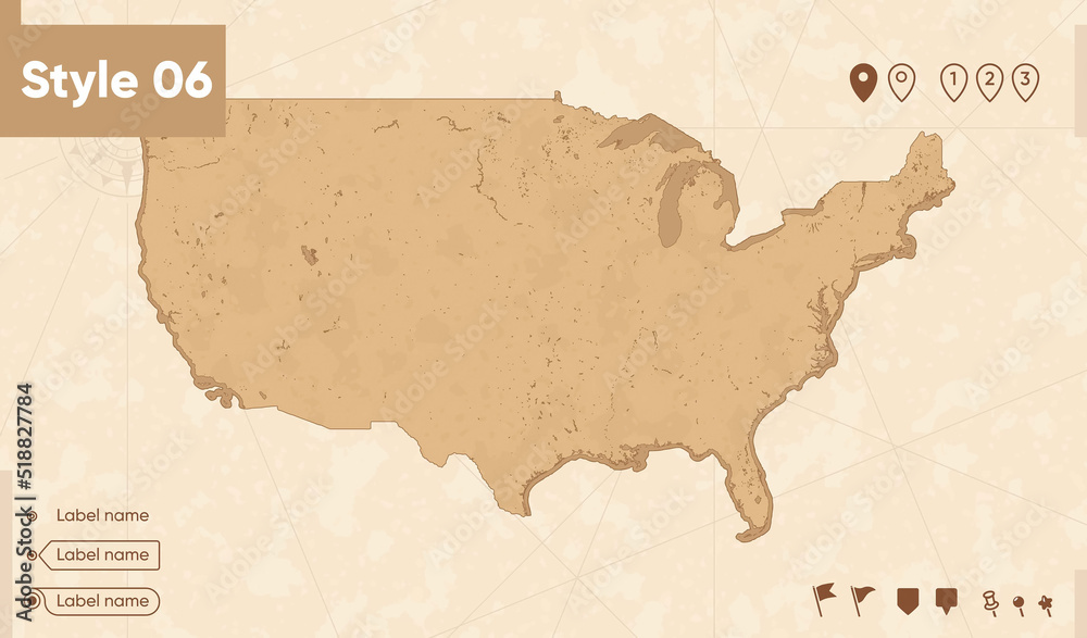 USA, United States Of America - map in vintage style, retro style map ...