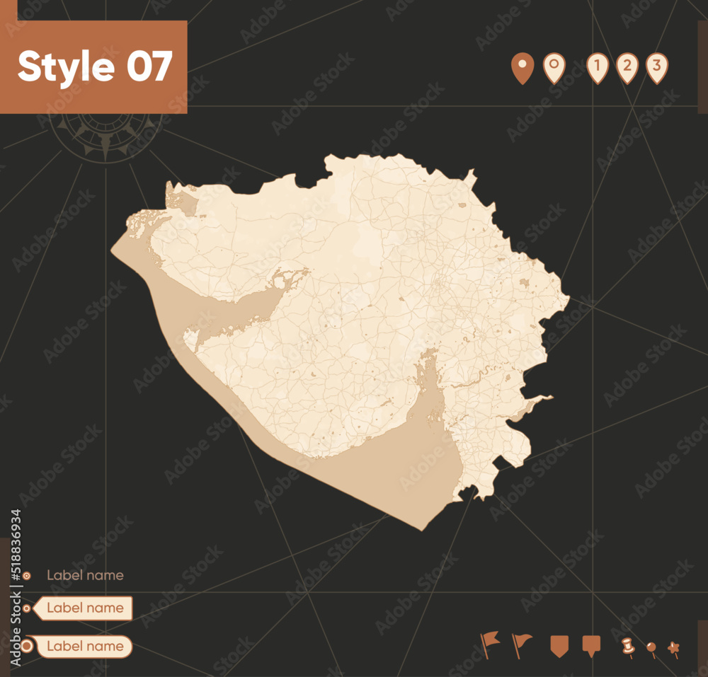 Gujarat, India - map in vintage style, retro style, sepia, vintage ...