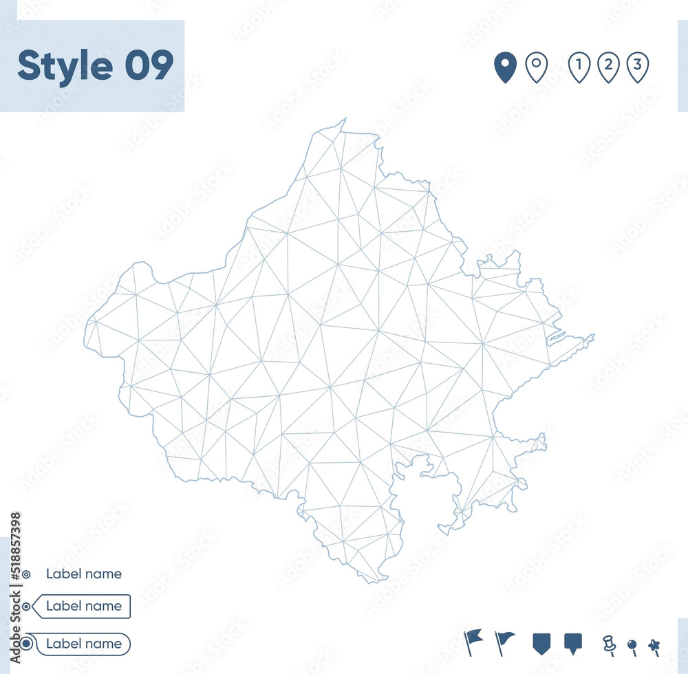 Rajasthan, India - white low poly map, polygonal map. Outline map ...
