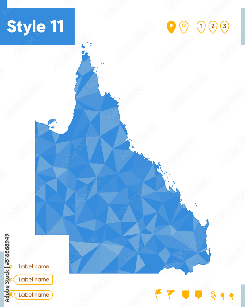 Queensland, Australia - blue low poly map, polygonal map. Outline map ...