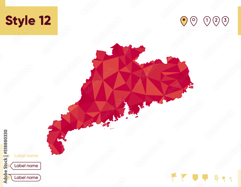 Guangdong, China - red low poly map, polygonal map. Outline map. Vector ...