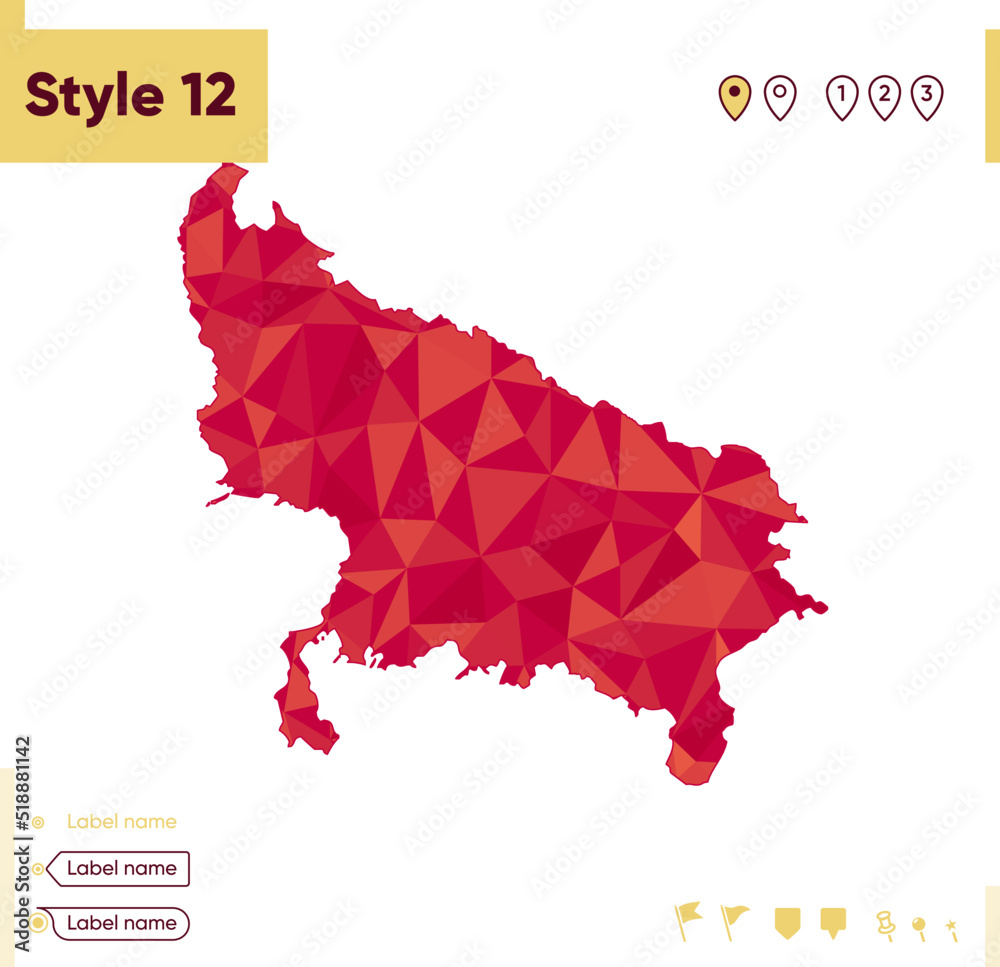 Uttar Pradesh, India - red low poly map, polygonal map. Outline map ...