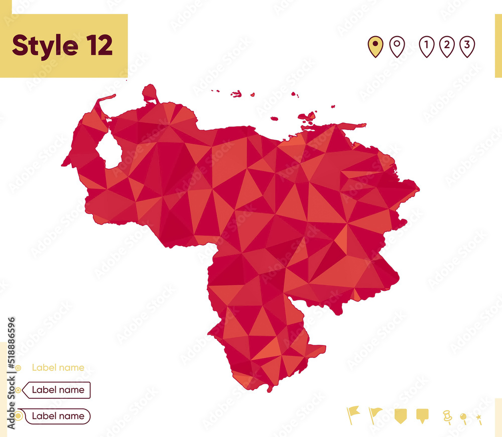 Venezuela - red low poly map, polygonal map. Outline map. Vector ...