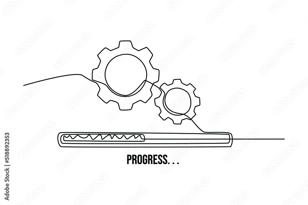Continuous one line drawing gear with progress bars. Measurement and ...