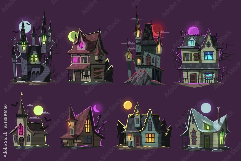 Cartoon horror house set. Scary haunted buildings, ghosted halloween ...
