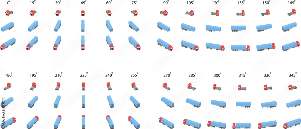 Set of trucks and sami-trailers from different angles. Rotation of the ...