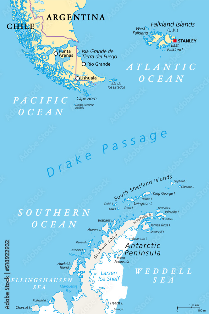 Drake Passage, political map. Mar de Hoces, Hoces Sea, body of water ...