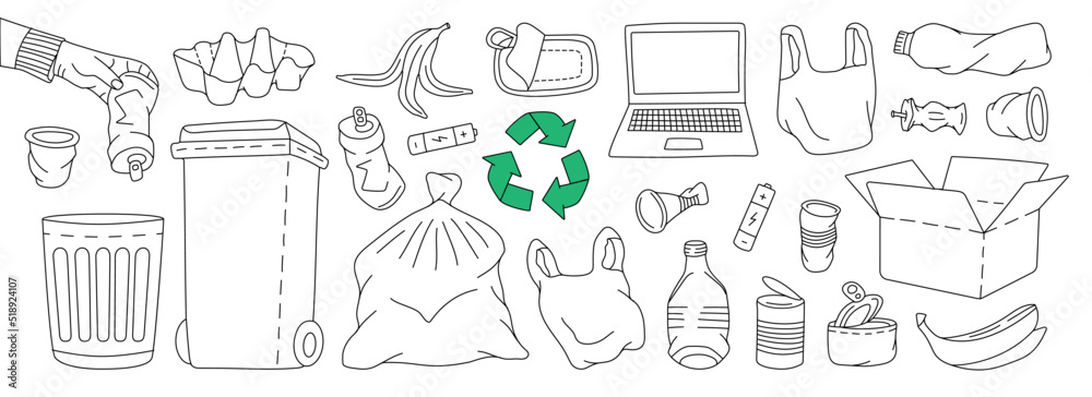 Set of garbage outline symbol. Plastic, glass, metal, paper, organic ...