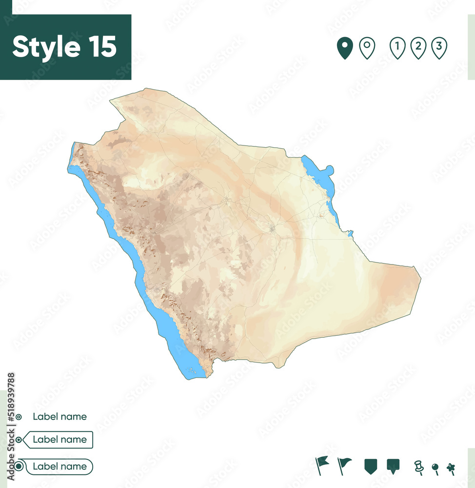 Saudi Arabia - map with shaded relief, land cover, rivers, lakes ...