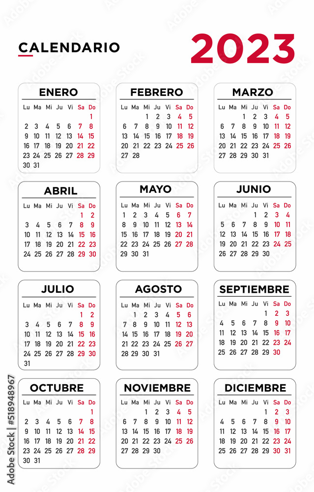 Calendario 2023 español. Semana comienza el lunes Stock Vector | Adobe ...