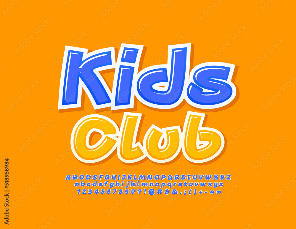 Vector creative logo Kids Club. Blue handwritten Font. Set of artistic Alphabet Letters, Numbers ...