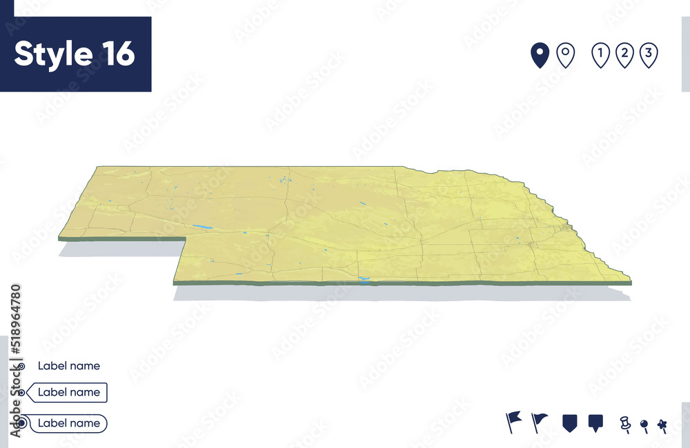 Nebraska, USA - map with shaded relief, land cover, rivers, mountains ...