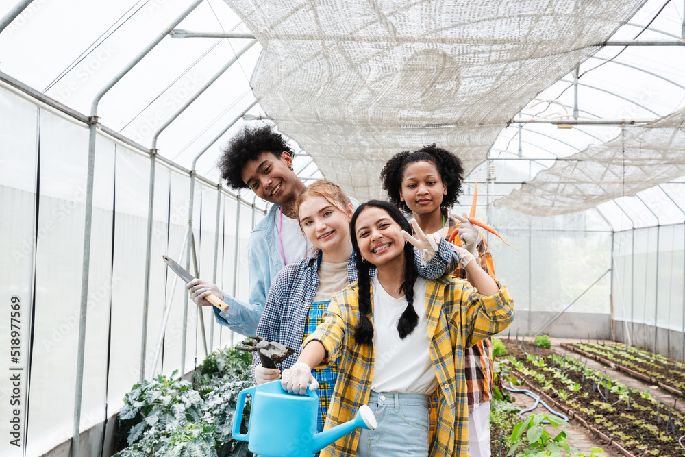 Group of teenage doing the activity on an organic farm in a greenhouse ...