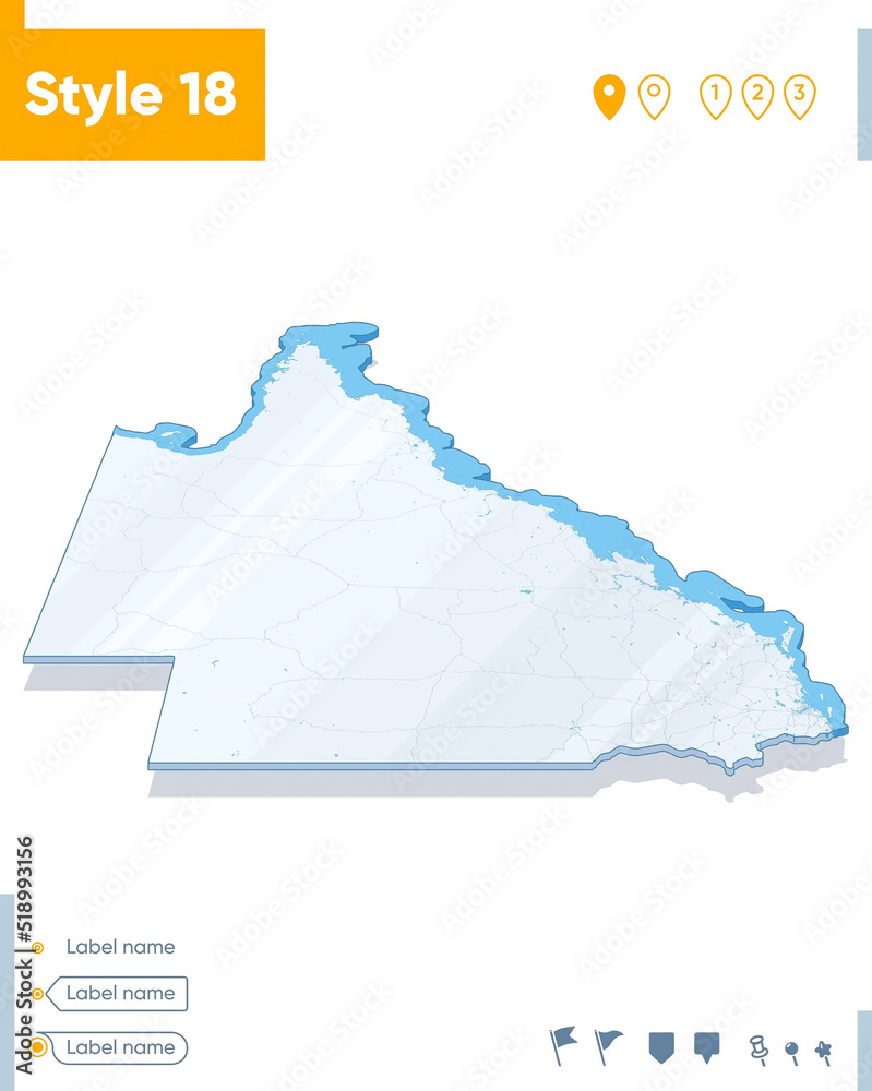 Queensland, Australia - 3d map on white background with water and roads ...