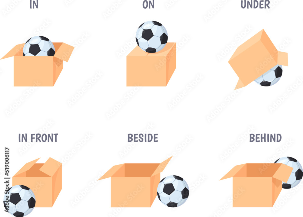 Preposition education. English prepositions cartoon ball place box ...