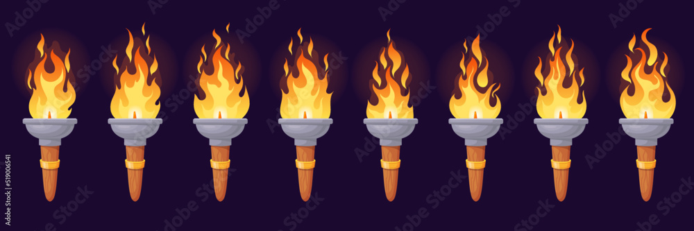 Torch animation. Animated fire brand, flame old candle or medieval ...