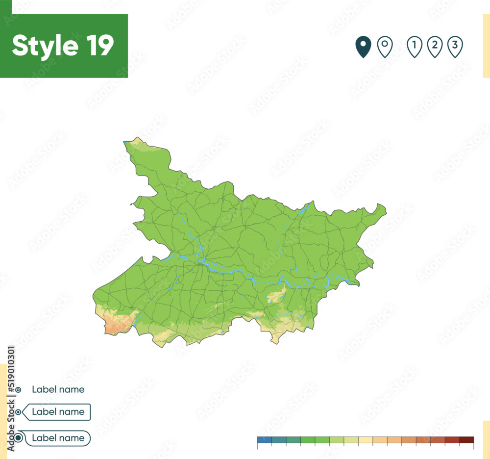 Bihar, India - high detailed physical map. Vector map. Dem map. Stock ...