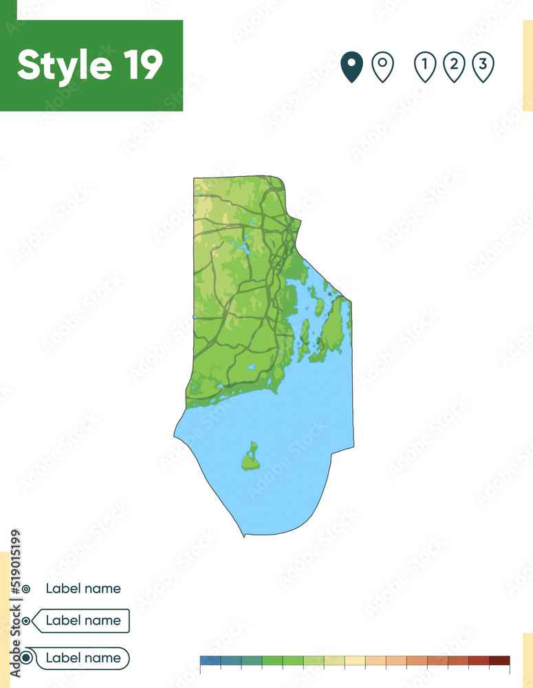 Rhode Island, USA - high detailed physical map. Vector map. Dem map ...