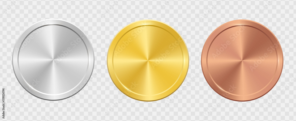 Medals vector collection. Set of shiny round awards in gold, silver and ...