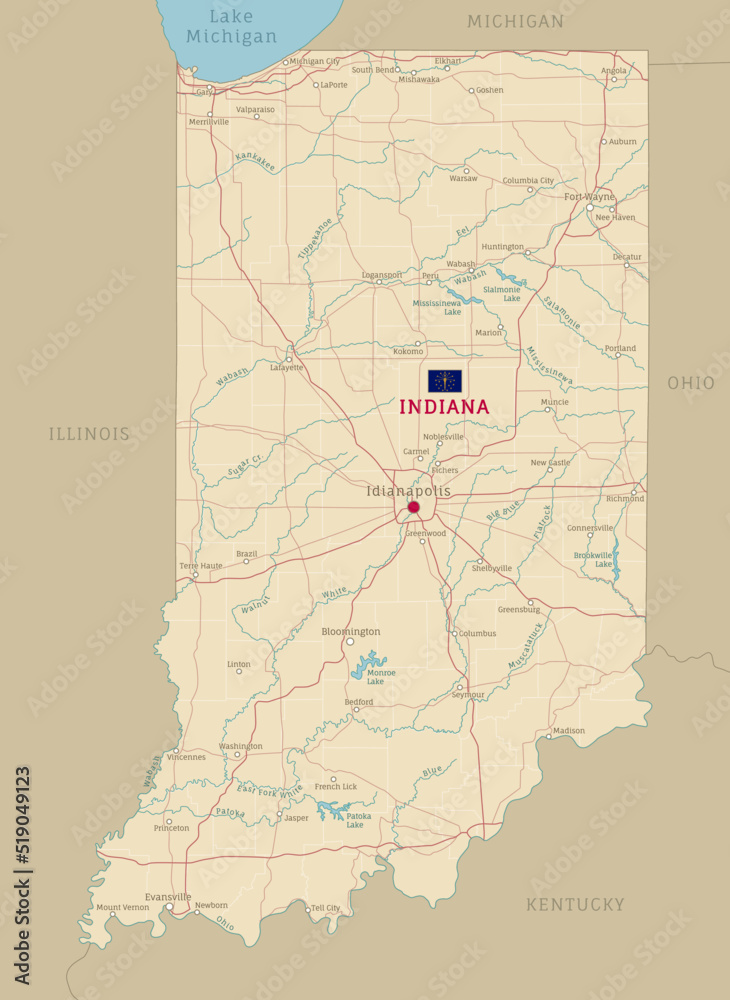 Road map of Indiana, US American federal state. Editable highly ...