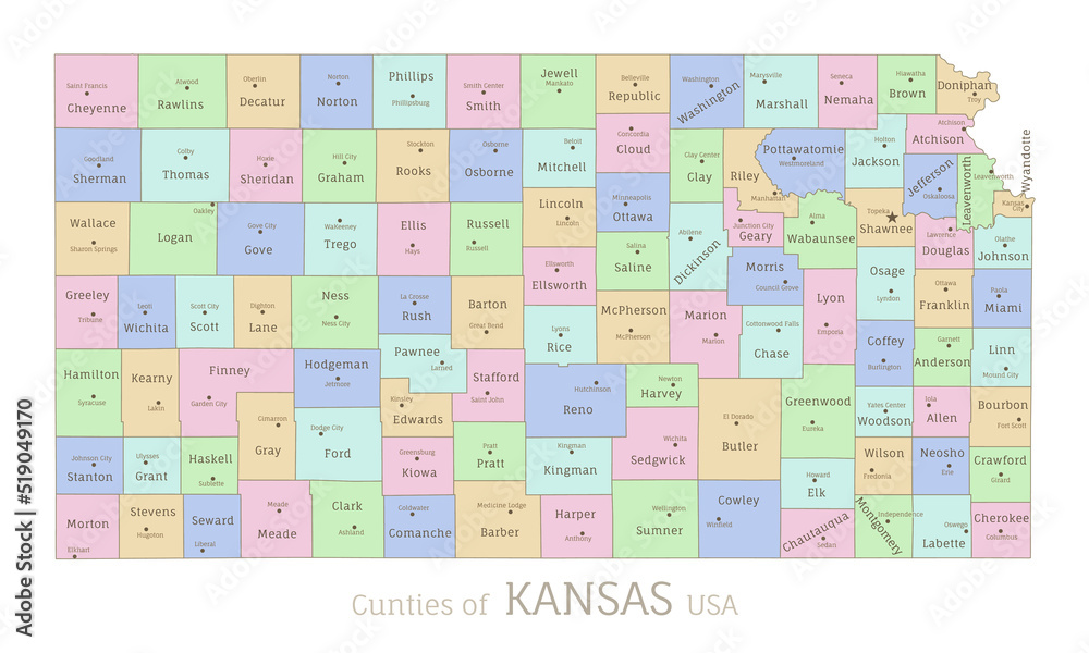 Vector de Stock Political color map of Kansas, USA federal state ...