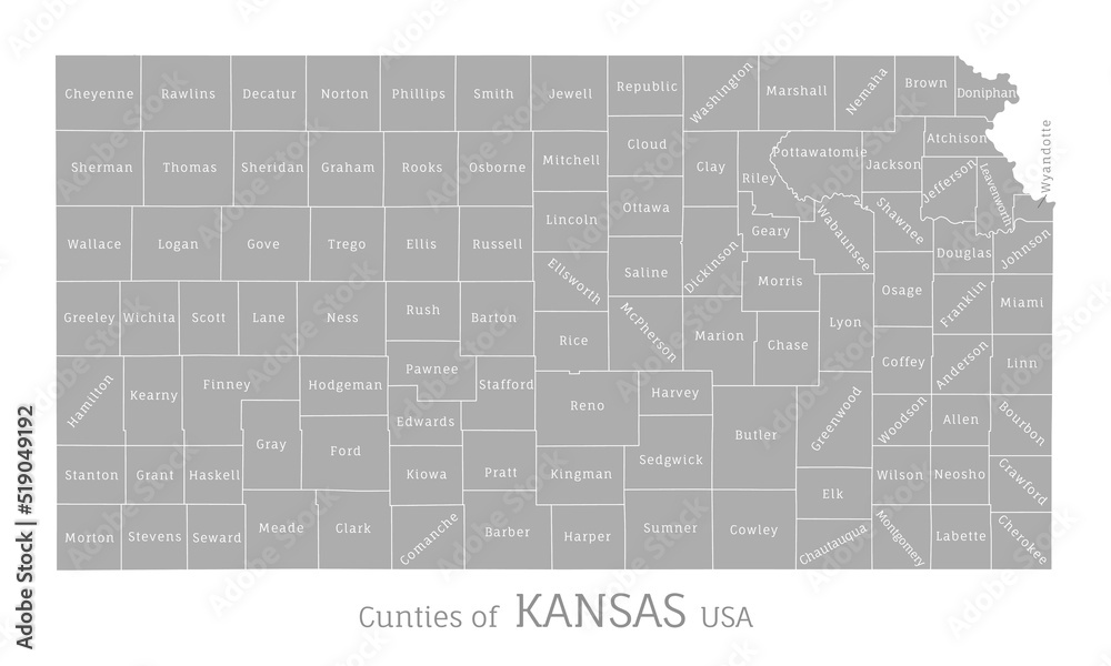 Highly detailed administrative map of Kansas, US state. Editable gray ...