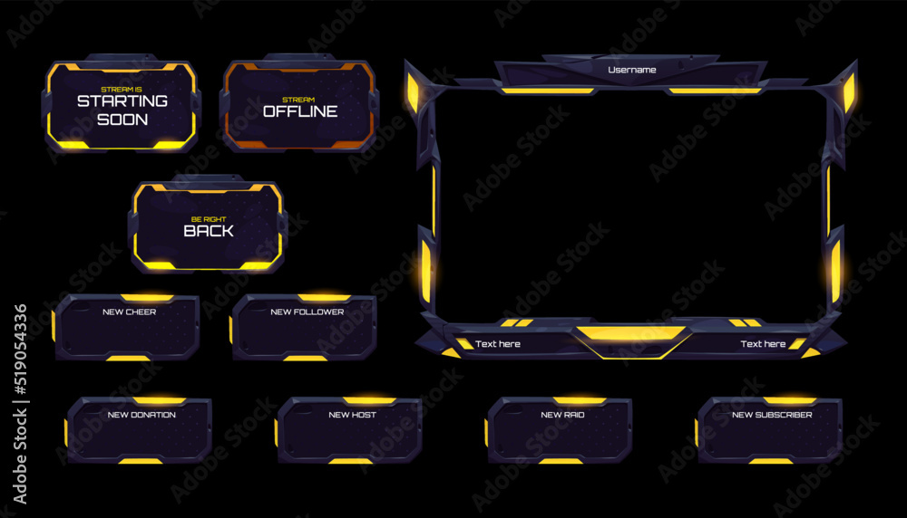 Live stream interface elements, overlay frames and buttons with yellow ...