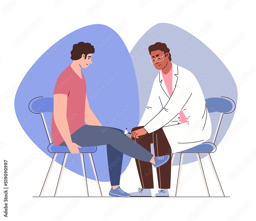 Male neurologist examines patient, checks reaction with reflex hammer ...