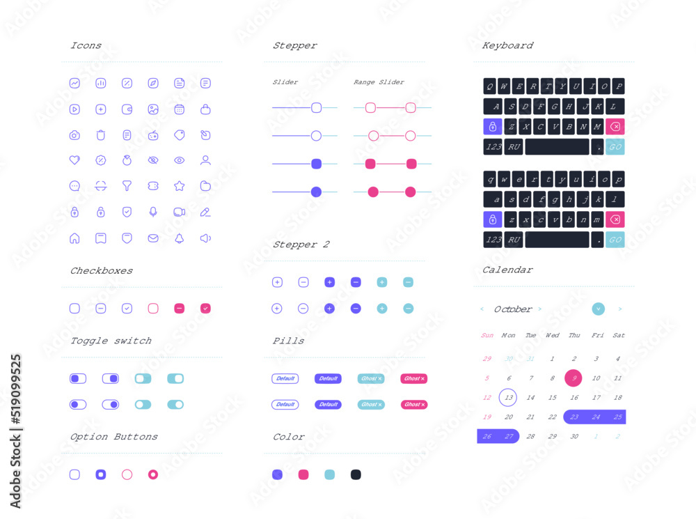 Vector minimalistic set of icons and interface elements. GUI Template ...