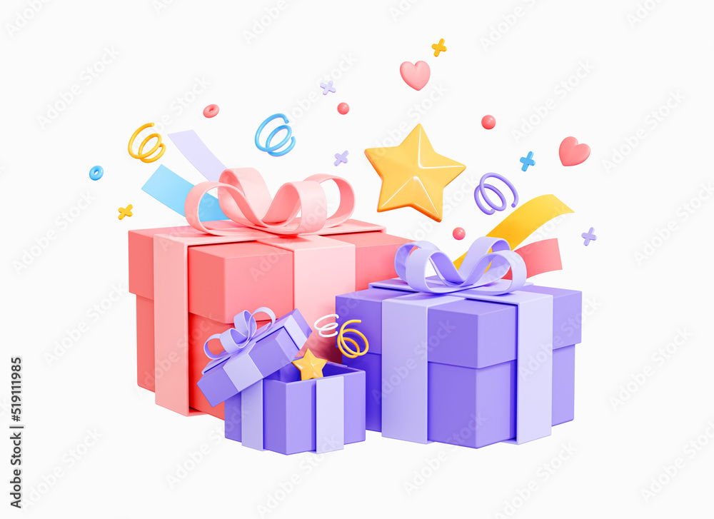 3D Bunch of Gift boxes with party confetti and ribbon. Birthday ...