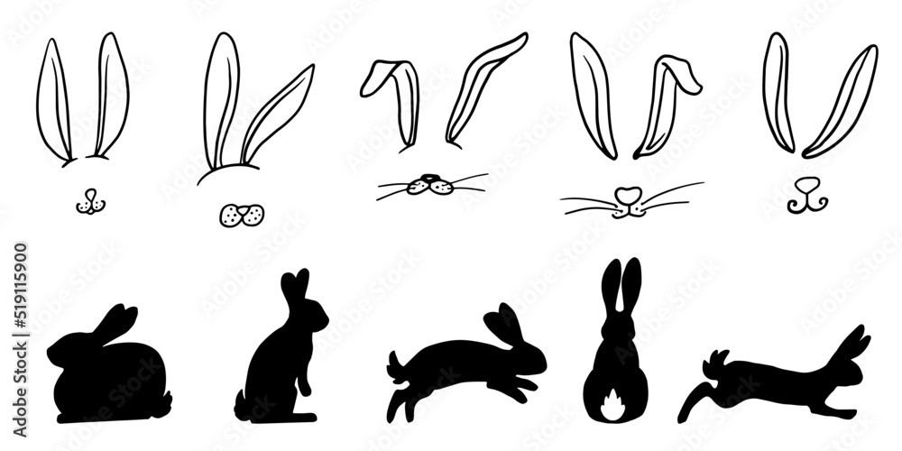 Set of silhouettes of rabbits in different poses and bunny ears and ...